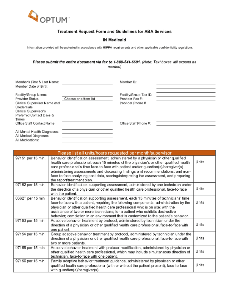Fillable Online Treatment Request Form and Guidelines for ABA Services ...