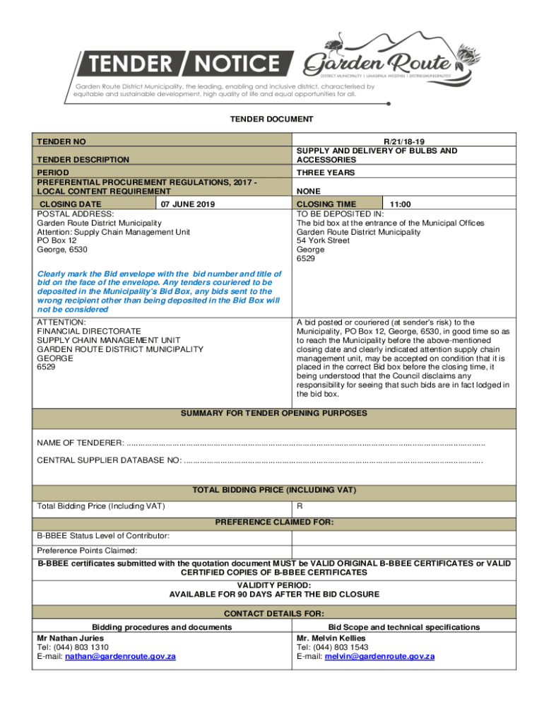 Fillable Online TENDER DOCUMENTS - Garden Route District Municipality ...