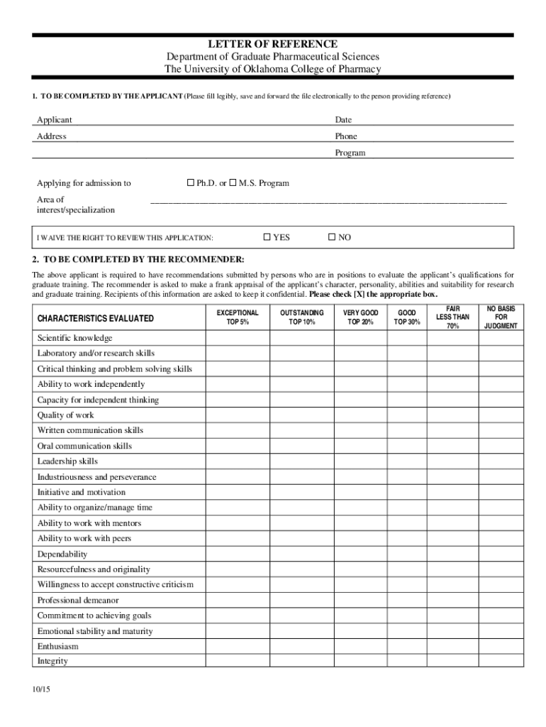 Fillable Online pharmacy ouhsc LETTER OF REFERENCE Department of ...