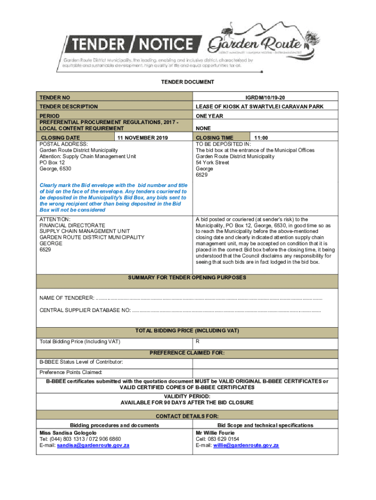 Fillable Online LEASE OF KIOSK AT SWARTVLEI CARAVAN PARK Fax Email ...