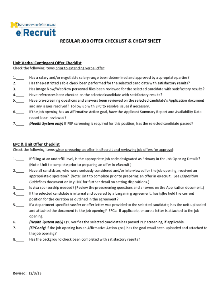 Fillable Online REGULAR JOB OFFER CHECKLIST & CHEAT SHEET Fax Email ...