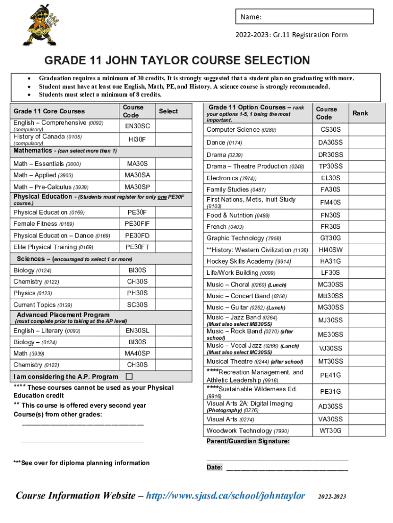 Fillable Online GRADE 11 JOHN TAYLOR COURSE SELECTION Fax Email Print ...