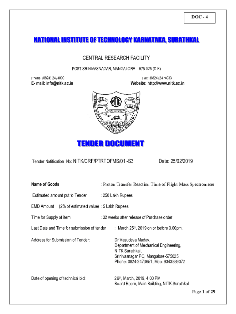 Fillable Online Tender Notification No: NITK/CRF/PTRTOFMS/01 -S3 Fax ...