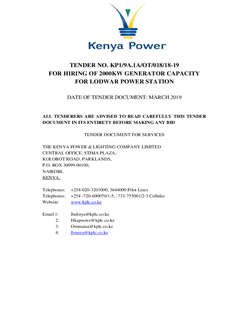 Fillable Online kplc co date of tender document - Kenya Power Fax Email Print - pdfFiller