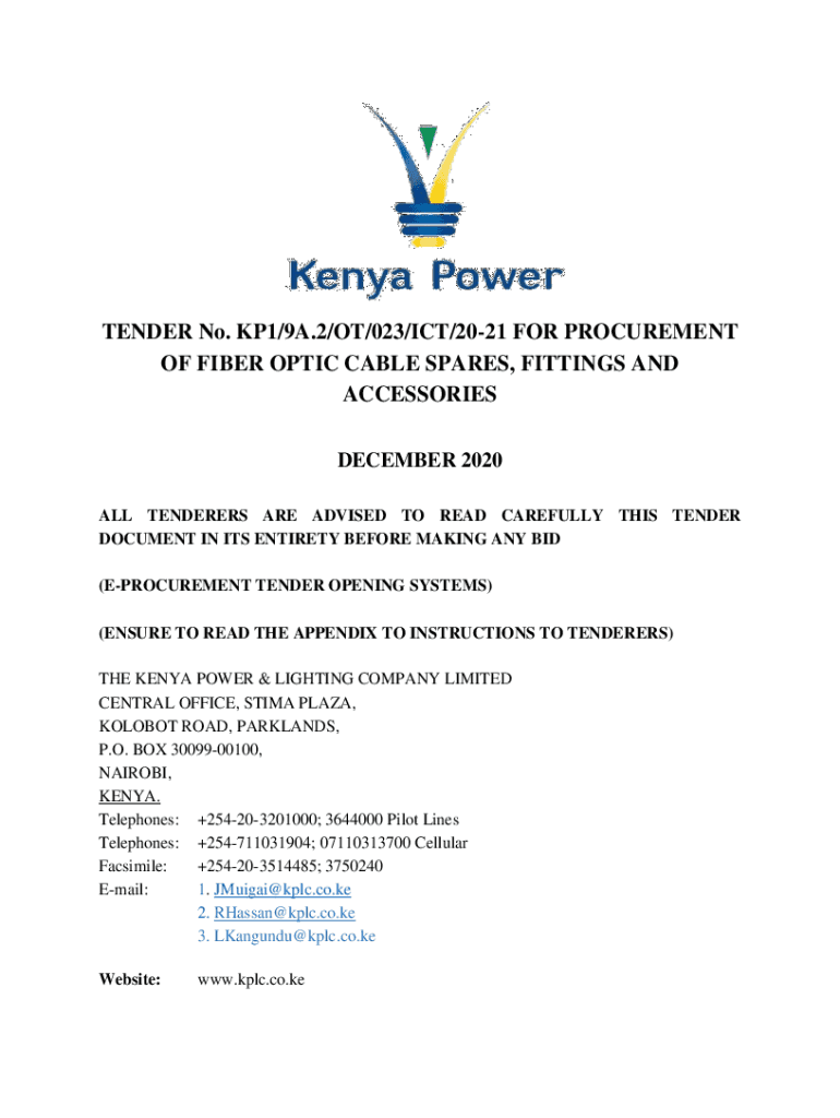 Fillable Online kplc co TENDER NO.KP1.9A.2.OT.023.ICT.20-21 - FOR FIBER ...