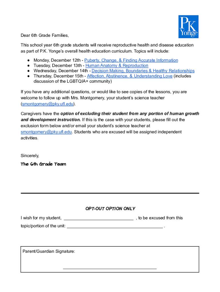 Fillable Online 22-23 Fall Semester Caregiver Letter 6th grade ...