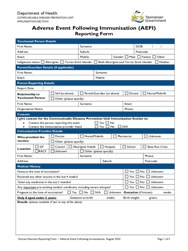 Fillable Online Adverse Event Following Immunisation Reporting Form Fax ...