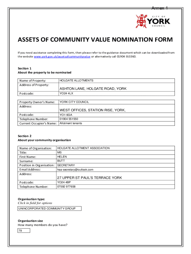 Fillable Online Assets of Community Value Nomination Form Fax Email ...