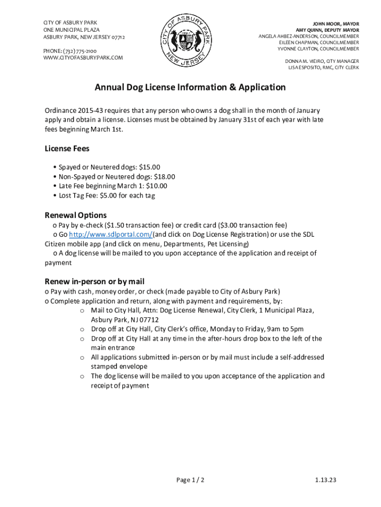 Fillable Online Annual Dog License Information & Application - City of ...