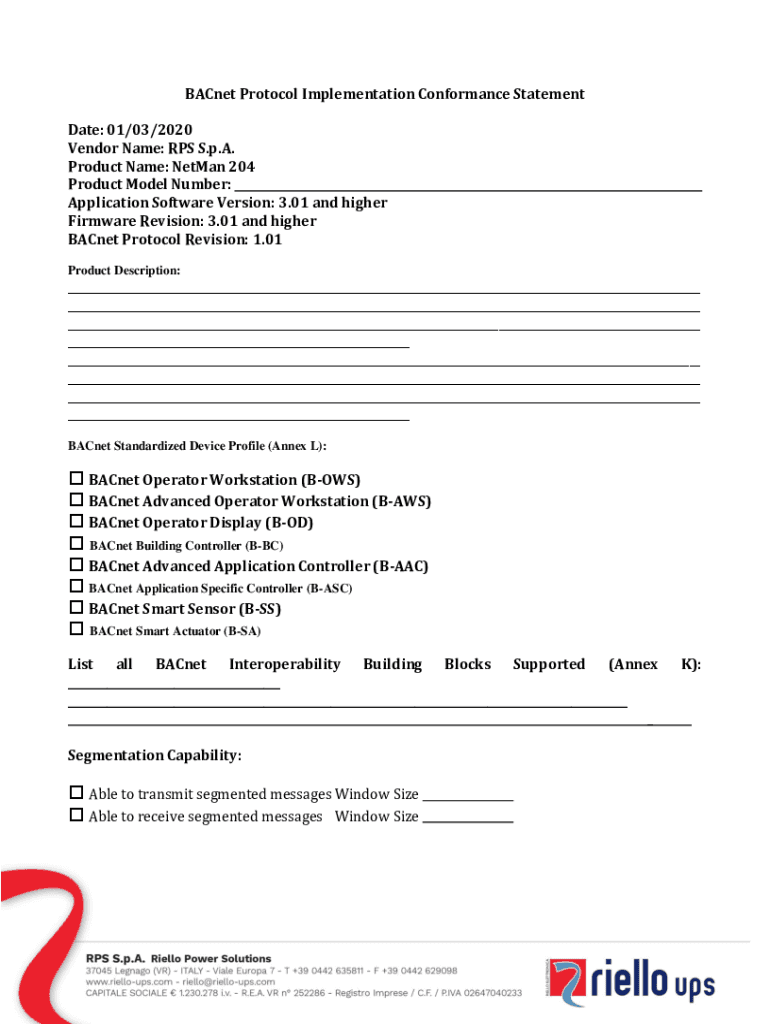 Fillable Online BACnet Protocol Implementation Conformance ... - ODIN Fax Email Print - pdfFiller