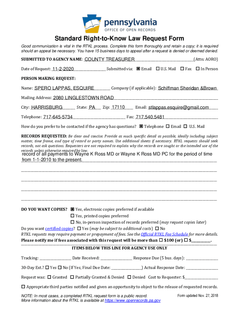 Fillable Online Right-to-Know Law (RTKL) Record Request Form Fax Email ...