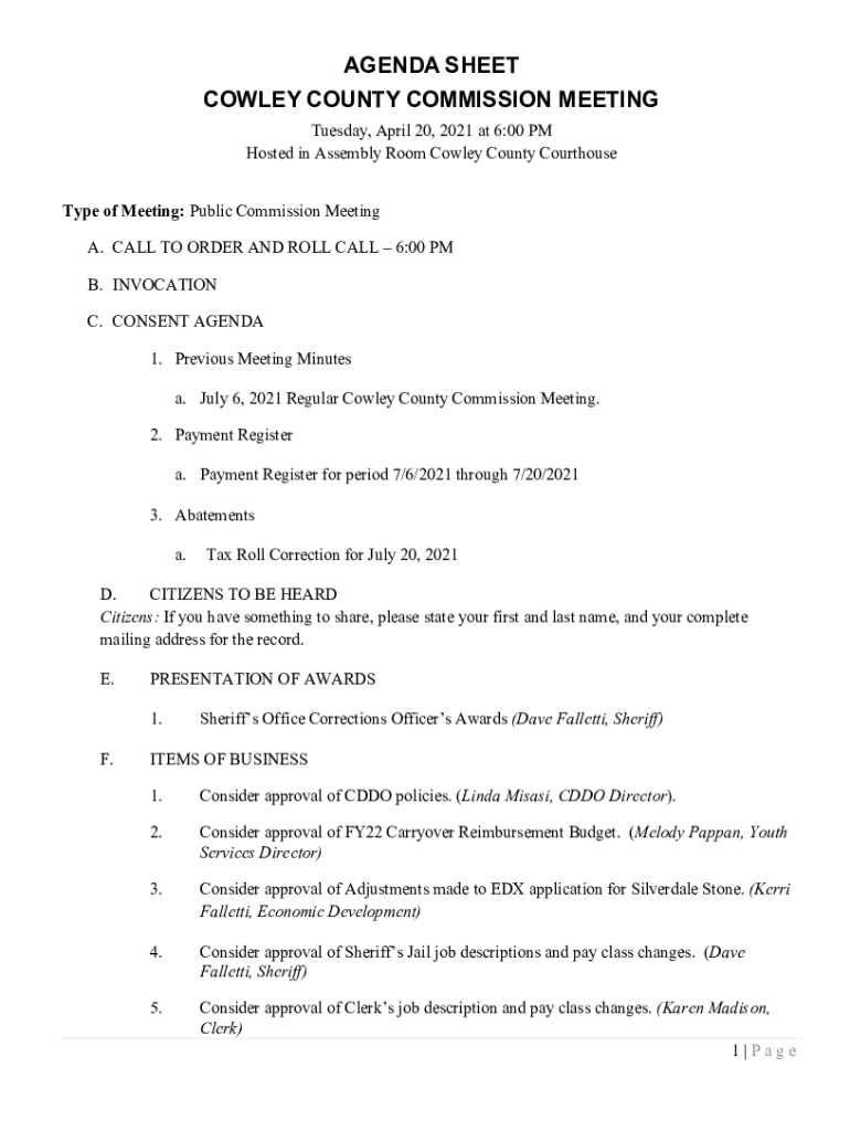 Fillable Online AGENDA SHEET COWLEY COUNTY ... - Amazon AWS Fax Email ...