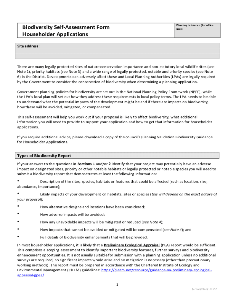 Fillable Online Biodiversity Self Assessment Form - Householder. Biodiversity Fax Email Print ...