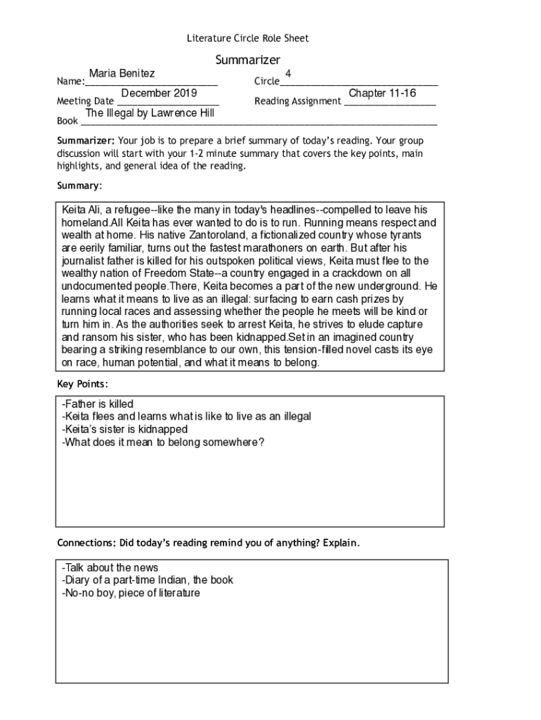 Fillable Online Literature Circles Role Sheet Summarizer Fax Email ...