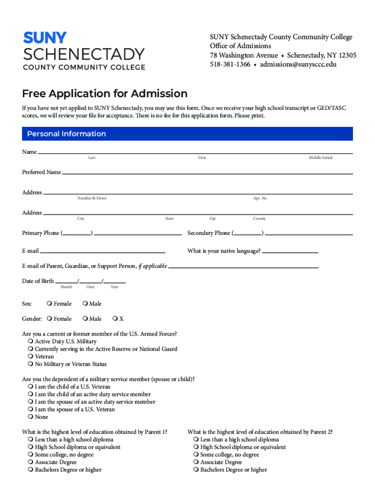 Fillable Online Admissions Application. Apply for Admission to SUNY Schenectady Fax Email Print ...
