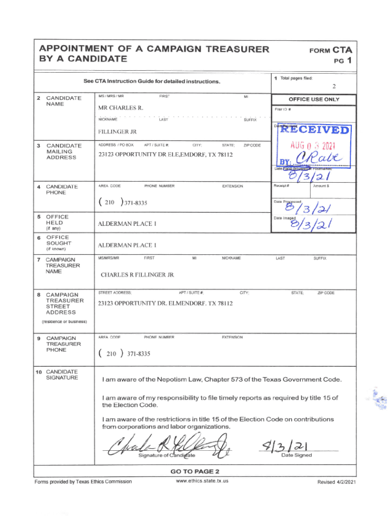 Fillable Online Form CTA - Appointment of Campaign Treasurer by a ...