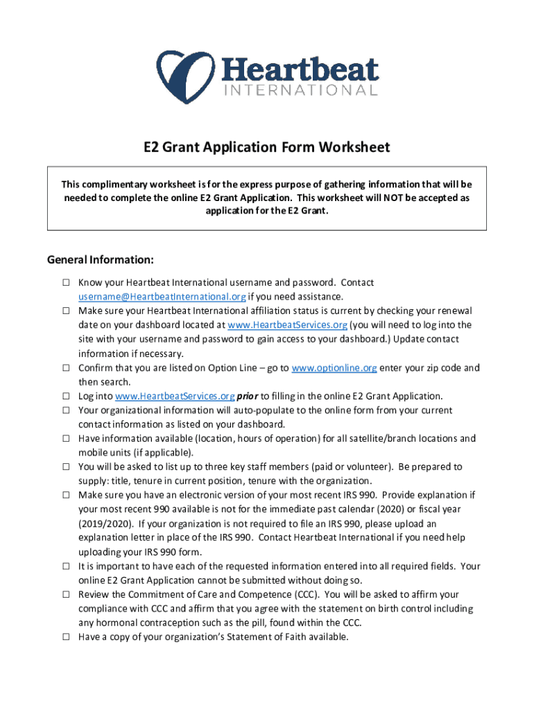 Fillable Online E2 Grant Application Form Worksheet - Heartbeat ...