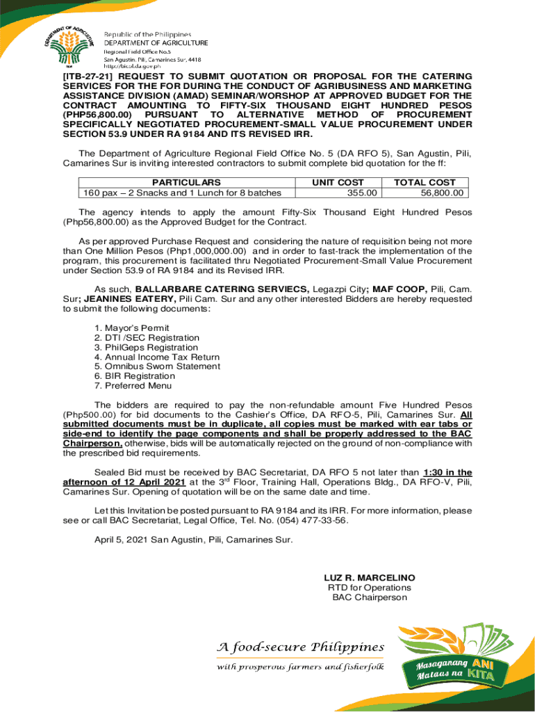 Fillable Online bicol da gov ITB-27-21 REQUEST TO SUBMIT QUOTATION OR ...