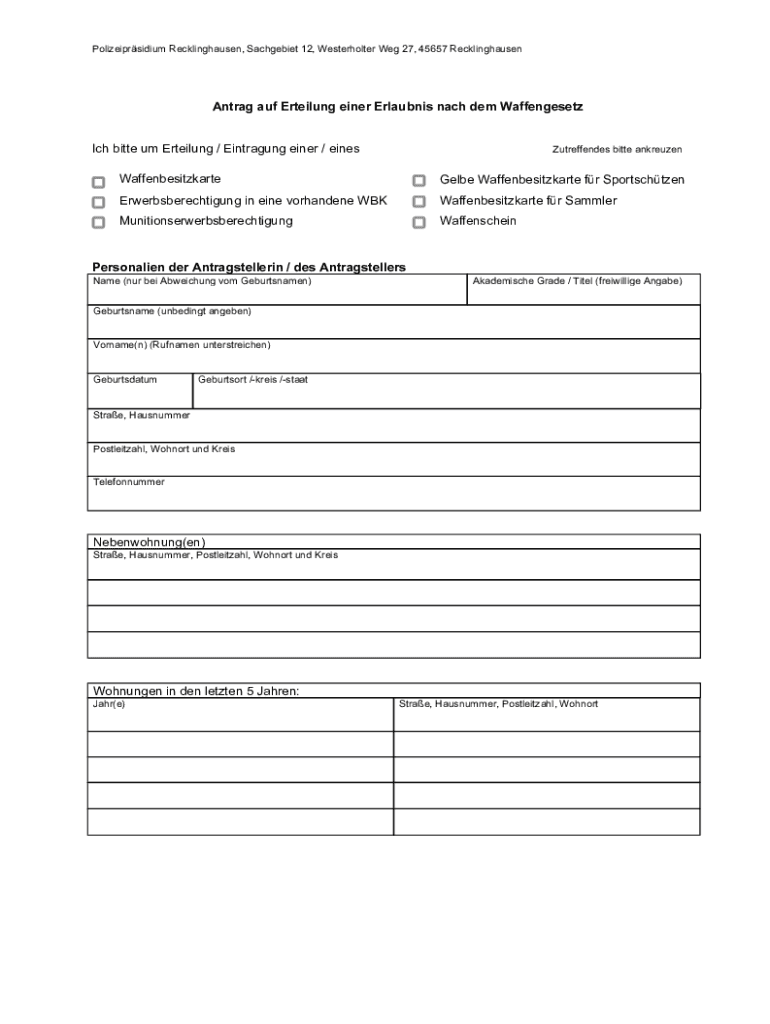Fillable Online Antrag auf Erteilung einer Erlaubnis nach dem Waffengesetz. Waffenrecht Fax ...