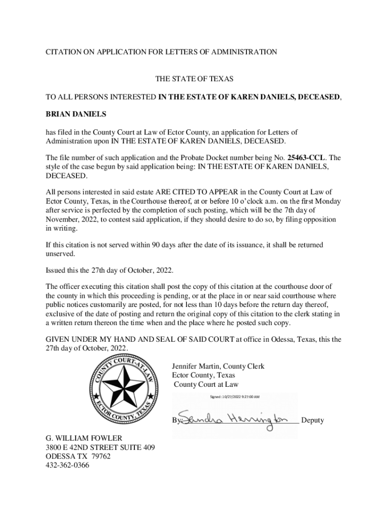 Fillable Online CITATION ON APPLICATION FOR LETTERS OF ADMINISTRATION ...