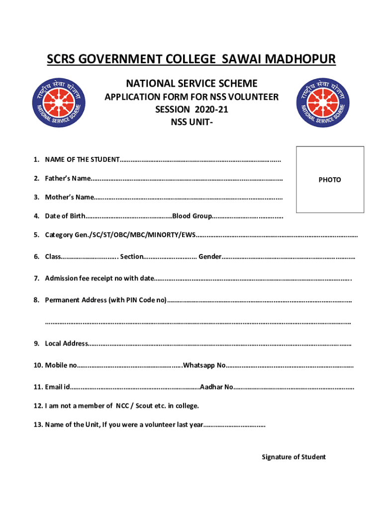 Fillable Online Nss Student Registration Form - Fill Online, Printable ...