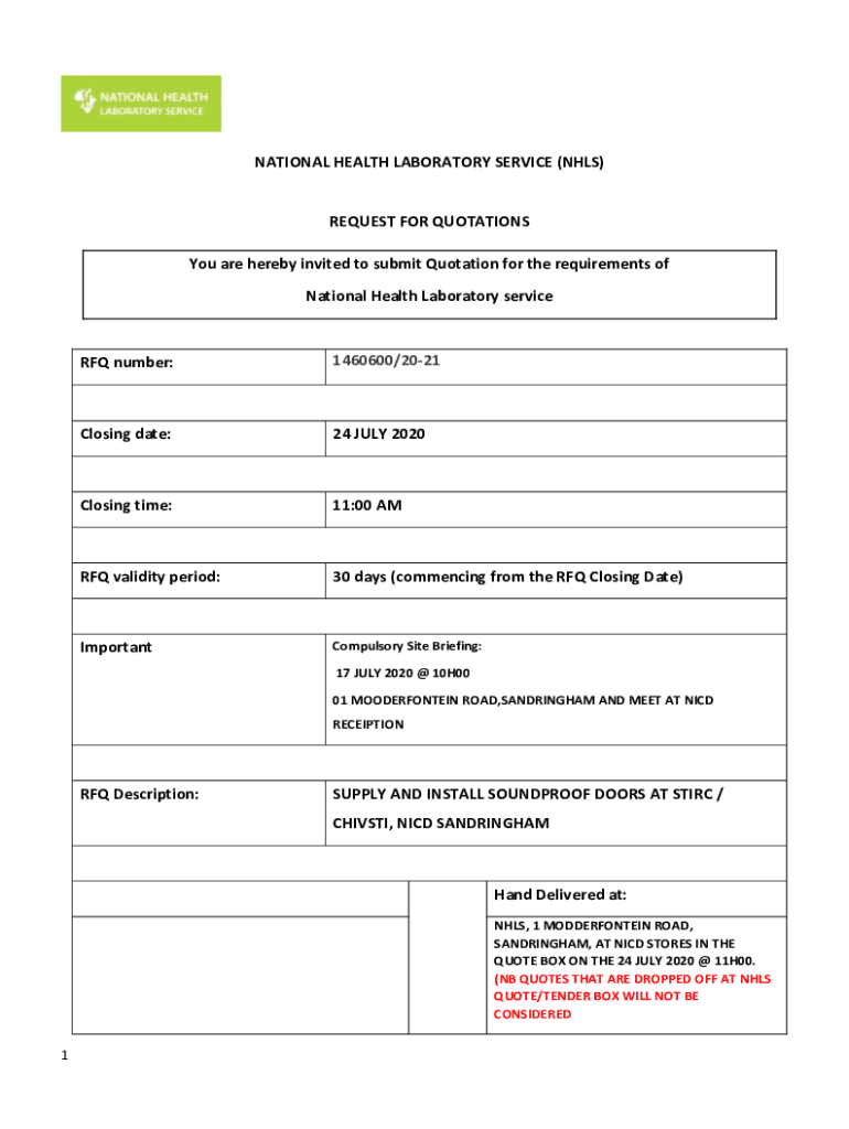 Fillable Online National Health Laboratory Service (NHLS) Request for ...