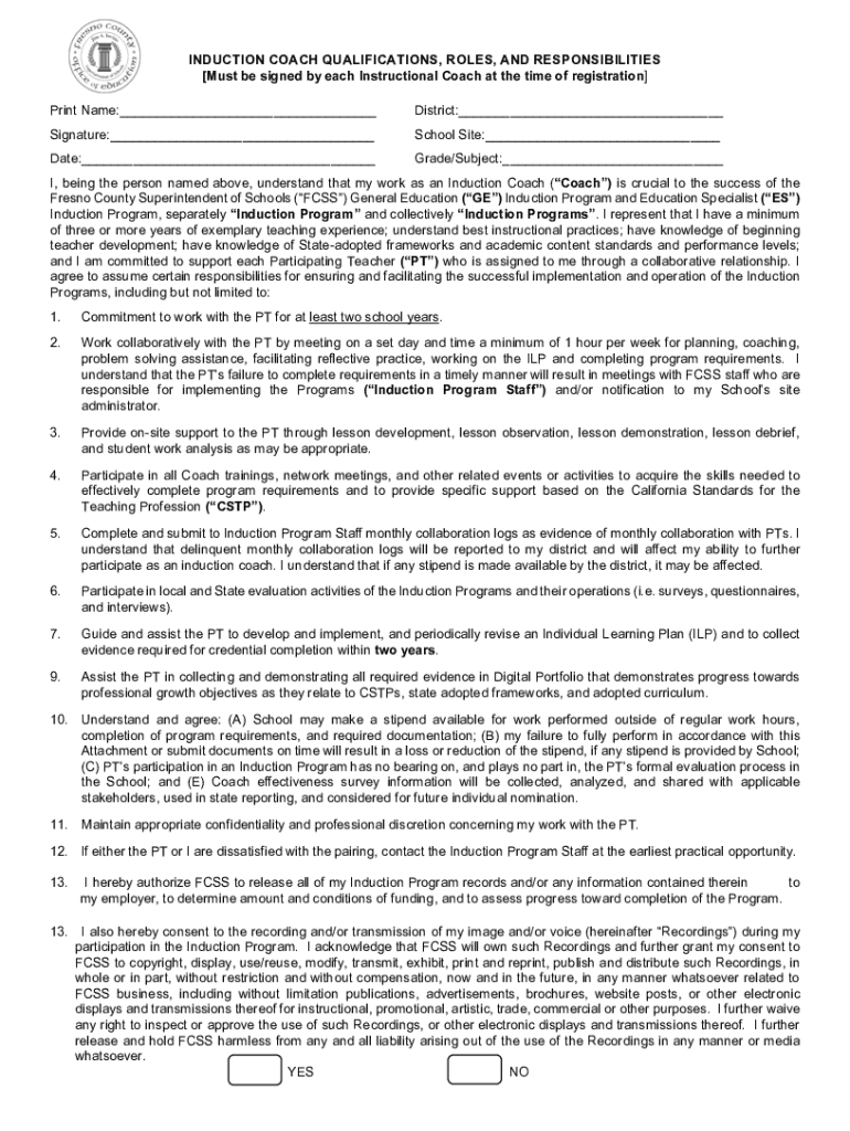 Fillable Online induction coach qualifications, roles, and responsibilities Fax Email Print ...