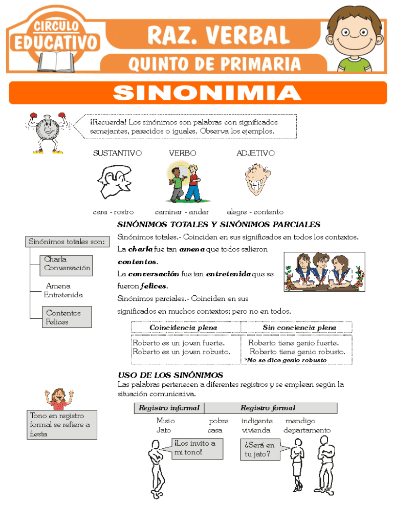 Completable En línea Sinonimia para Quinto de Primaria. Ejercicios de ...