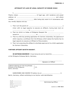 Fillable Online affidavit of lack of legal capacity of minor child i ...