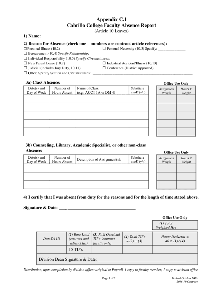 Fillable Online Appendix C.1 Cabrillo College Faculty Absence Report ...