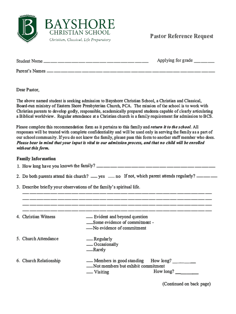 Fillable Online Pastor Reference Request - Bayshore Christian School Fax Email Print - pdfFiller