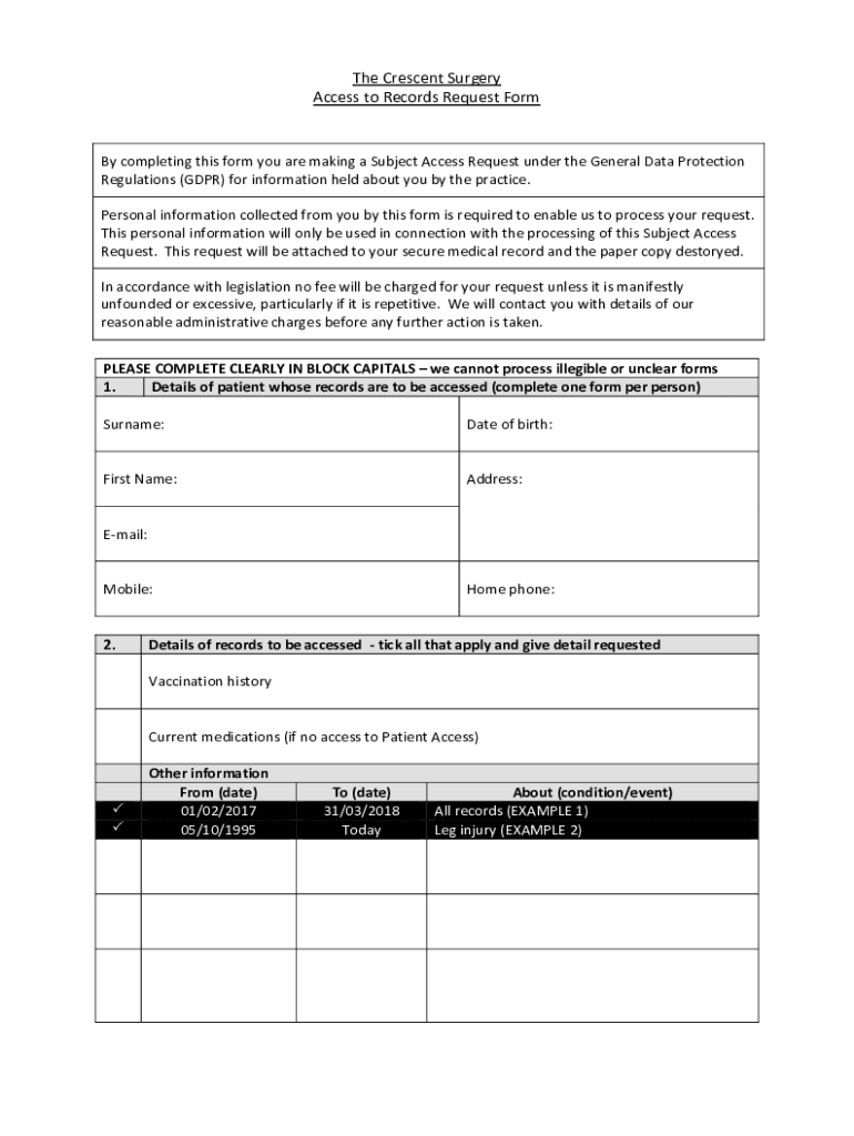 Fillable Online The Crescent Surgery Access to Records Request Form Fax ...