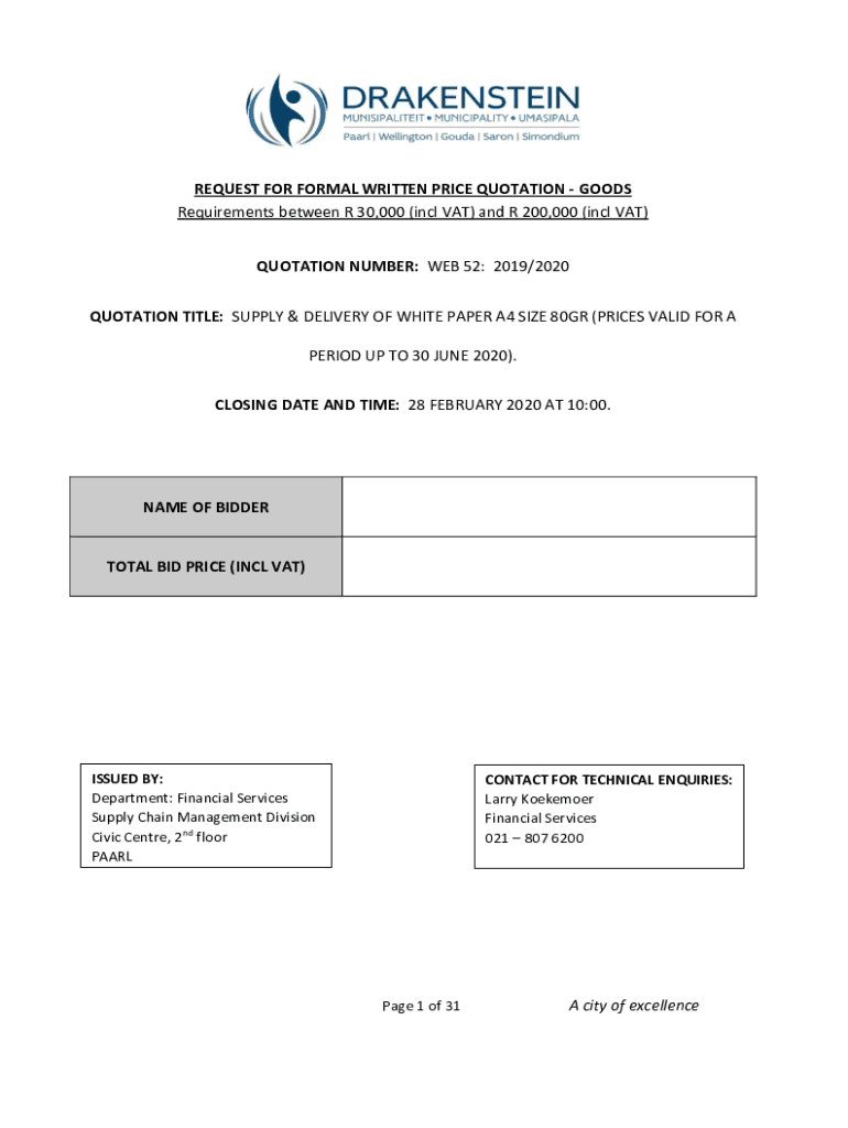 Fillable Online QUOTATION TITLE: SUPPLY & DELIVERY OF WHITE PAPER A4 ...