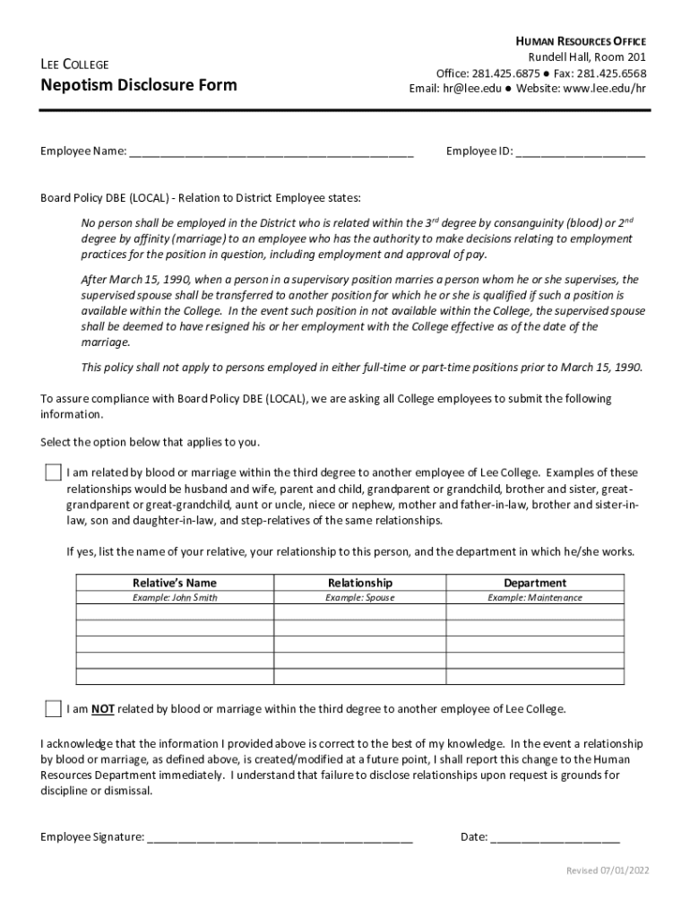 Fillable Online Nepotism Disclosure Form. Nepotism Disclosure Form Fax ...