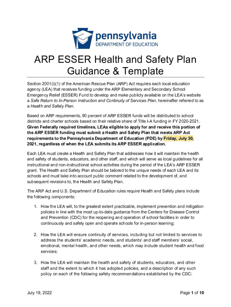 Fillable Online ARP ESSER Health and Safety Plan Guidance & Template ...