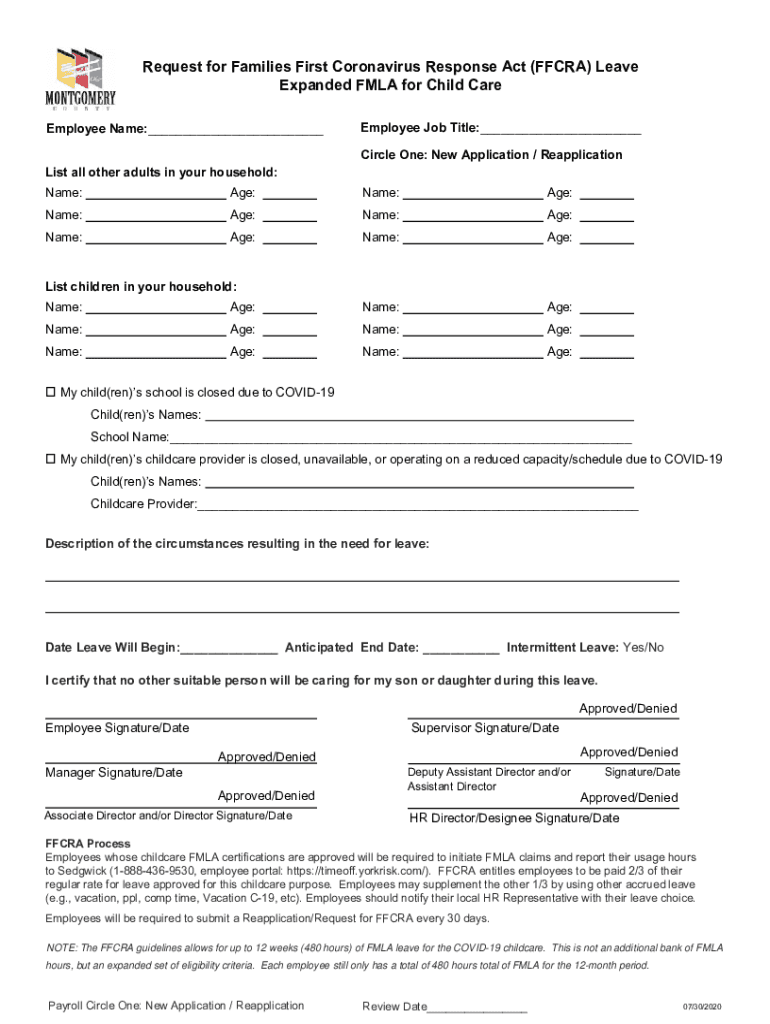 Fillable Online Request FFCRA Childcare Leave Fax Email Print - pdfFiller