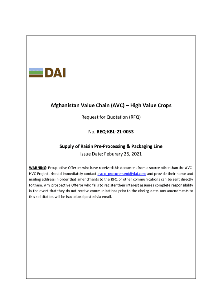 Fillable Online High Value Crops Request for Quotation (RFQ) RFQ ...