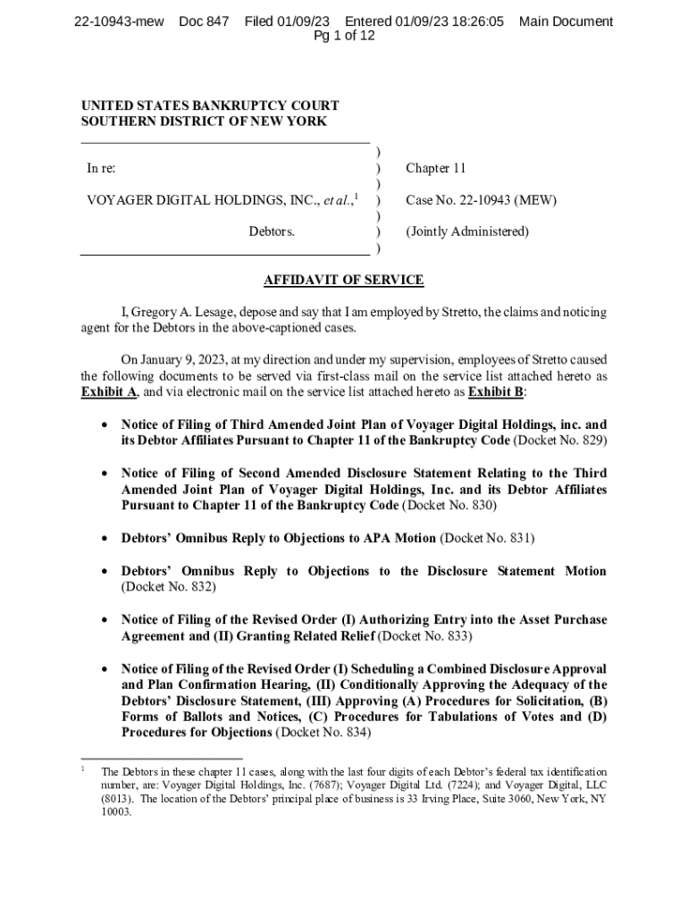 Fillable Online 22-10943 (MEW) Judge Wiles In re: VOYAGER - Stretto Fax ...