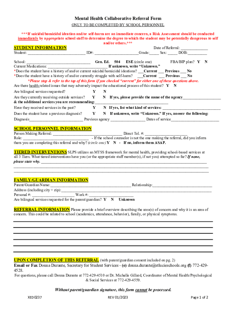 Fillable Online Mental Health Collaborative Referral Form Fax Email ...