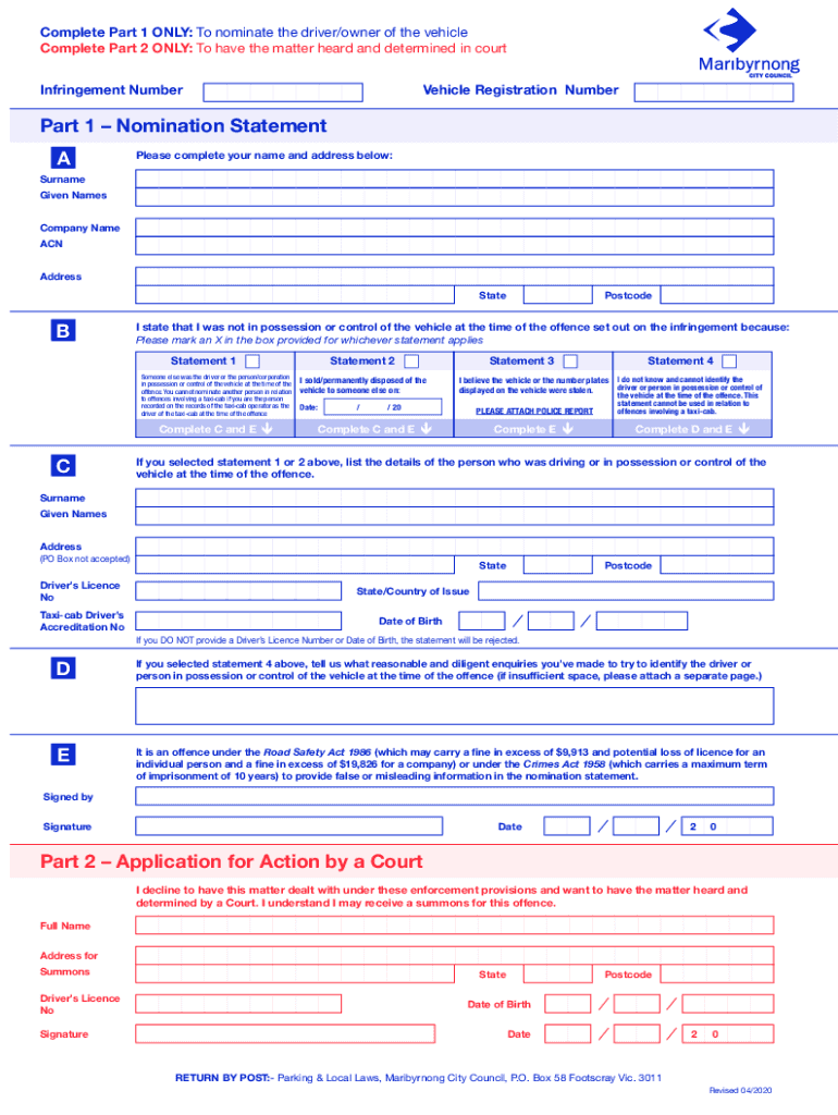 Fillable Online I - Nomination Statement Part 2- Application for Action ...