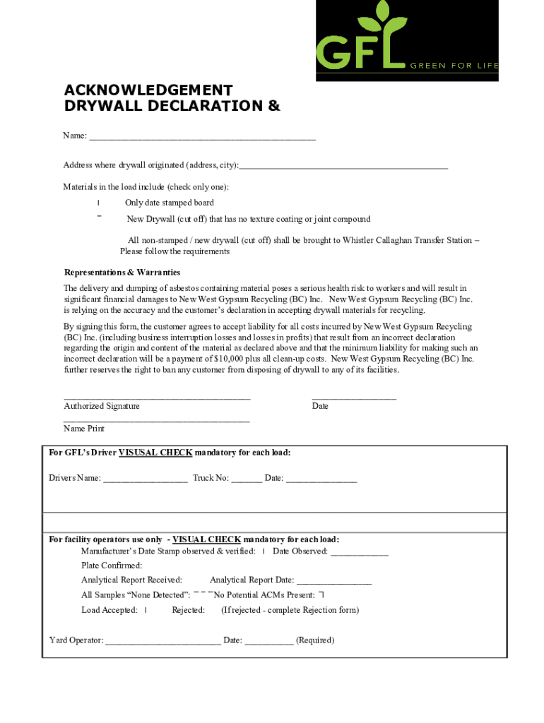Fillable Online Drywall/Asbestos Waste Declaration and Acknowledgment ...
