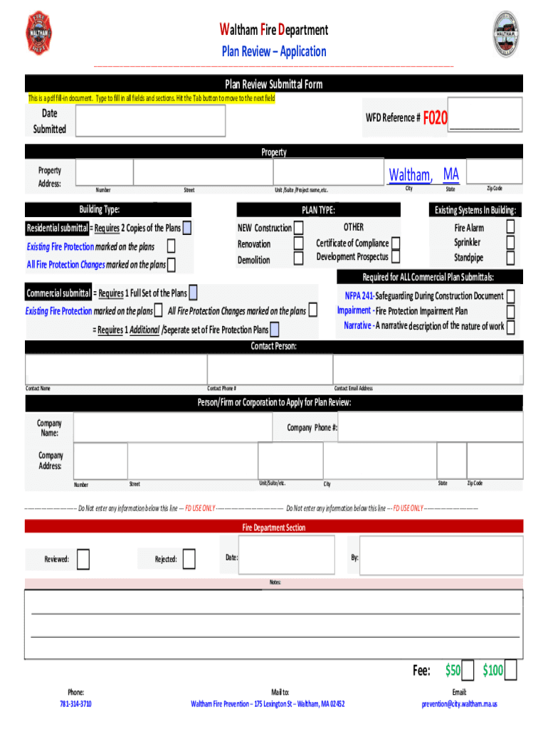Fillable Online Waltham Fire Department Plan Review Application PLAN ...