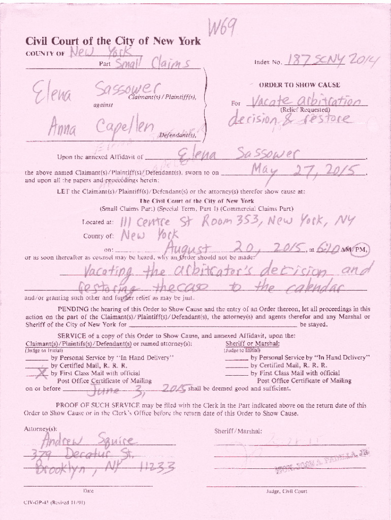 Fillable Online Civil Orders to Show Cause - New York City Civil Court ...