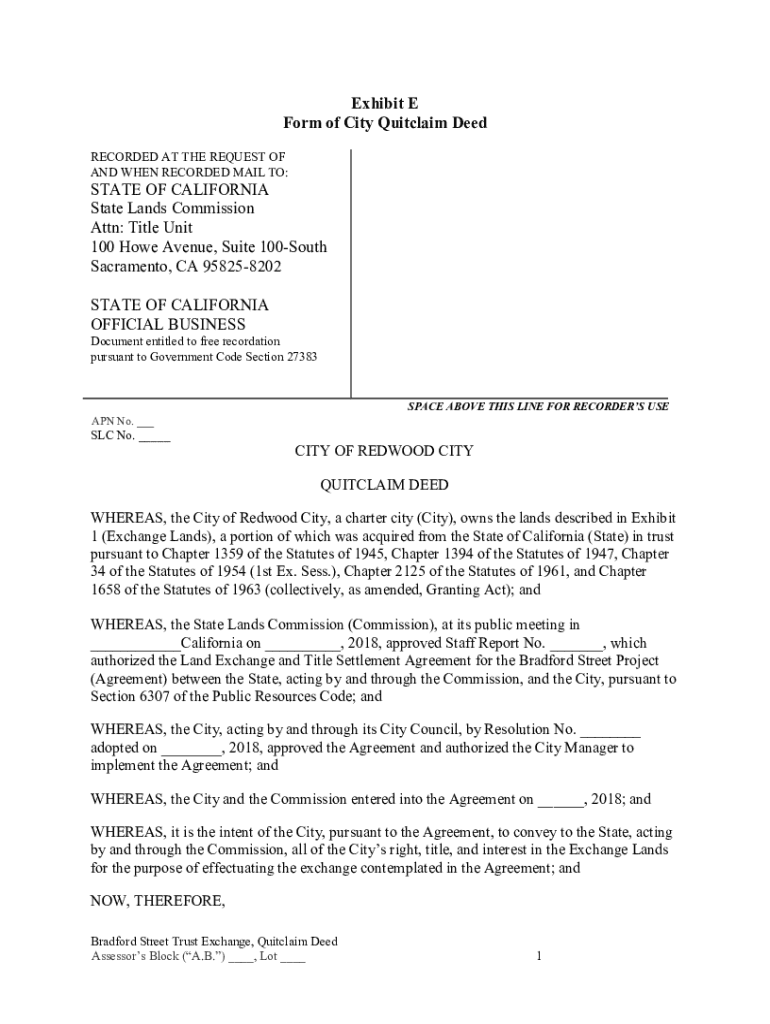 Fillable Online Exhibit E Form of City Quitclaim Deed STATE OF CALIFORNIA State ... Fax Email ...
