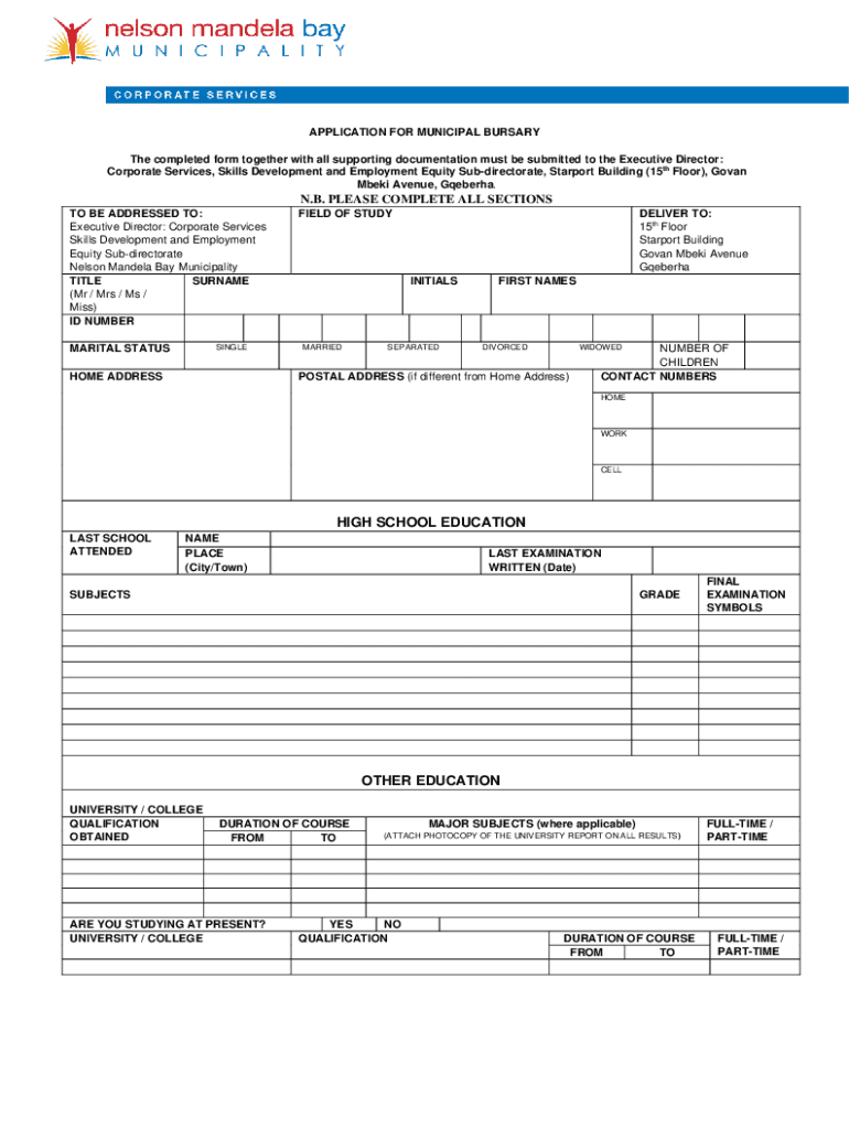 Fillable Online Nelson Mandela Bay Municipality: Bursaries ... - Student Room Fax Email Print ...