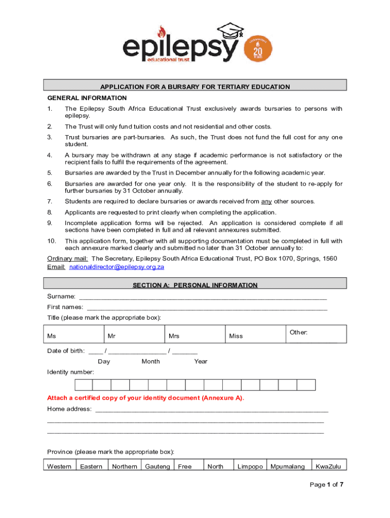 Fillable Online Educational Bursaries Application Form Pdf Fax Email Print - pdfFiller