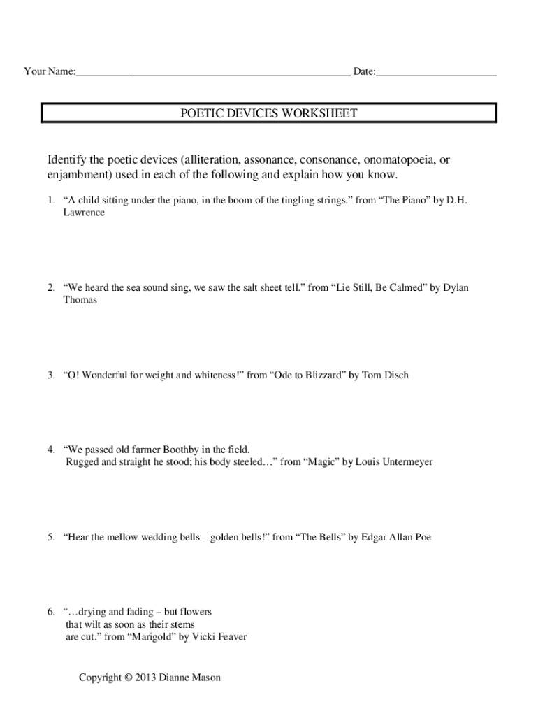 Fillable Online POETIC DEVICES WORKSHEET Identify the poetic devices ...