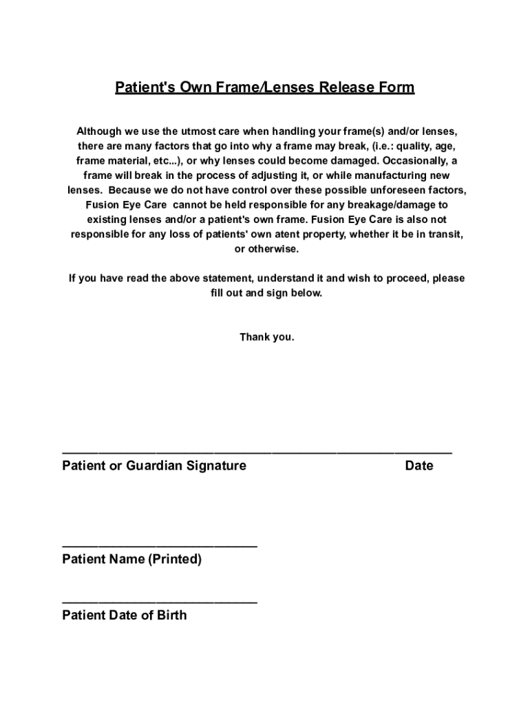 Fillable Online release form for using - patient's own eyeglass frames ...