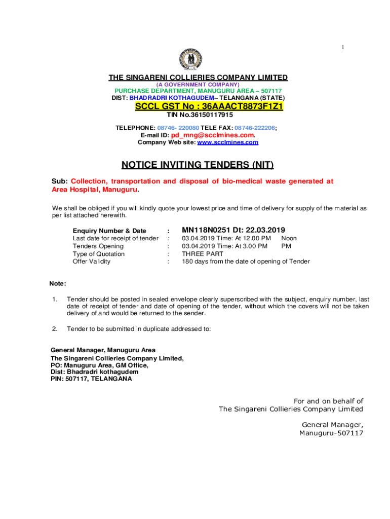 Fillable Online Tender schedule for Corier service - SCCL Fax Email ...