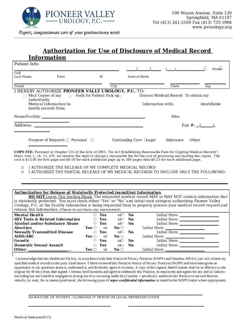 Authorization for Use of Disclosure of Medical Record Ination Doc Template | pdfFiller